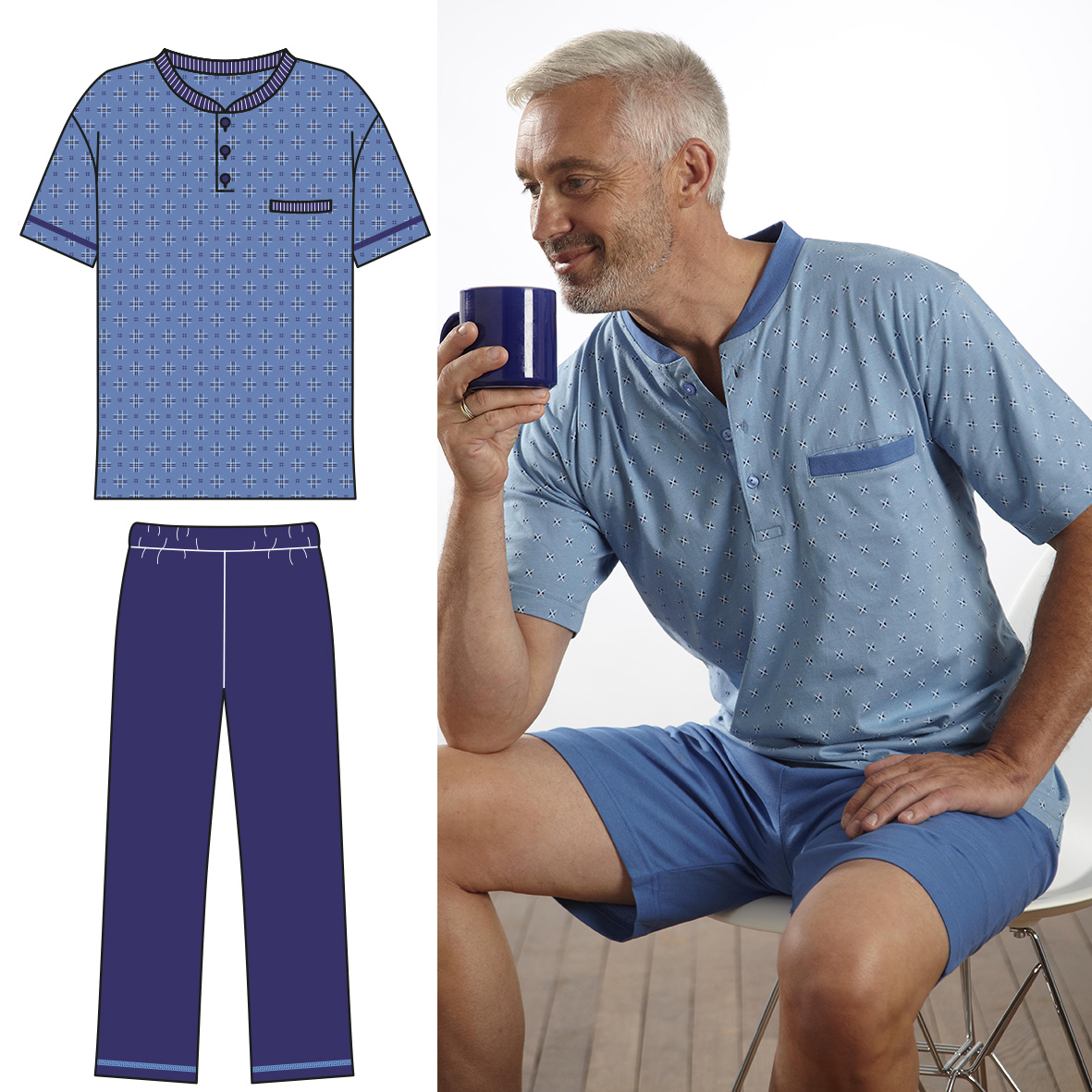 Pyjama manches courtes jambes longues imprimé cross, Pyjamas Homme, Jet ...
